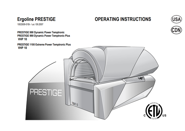 Ergoline Prestige Series 1100 Extreme Power Plus VHP 10 Tanning Manual ...