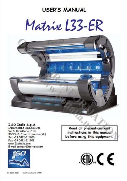 Iso Italia Solarium Matrix L33-ER Tanning Bed Manual – Pro Salon Store