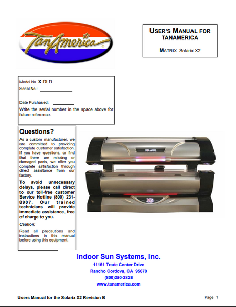 Tan America Matrix Solarix X2 Tanning Bed Manual – Pro Salon Store